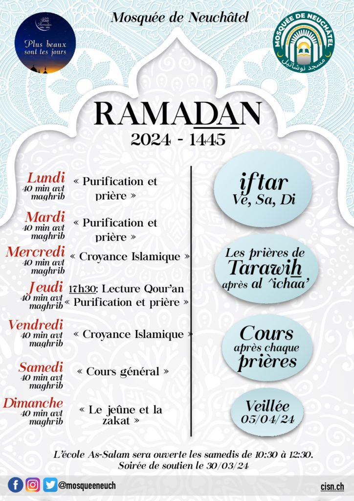 Planning des cours généraux durant RAMADAN 2024 - Mosquée de Neuchâtel